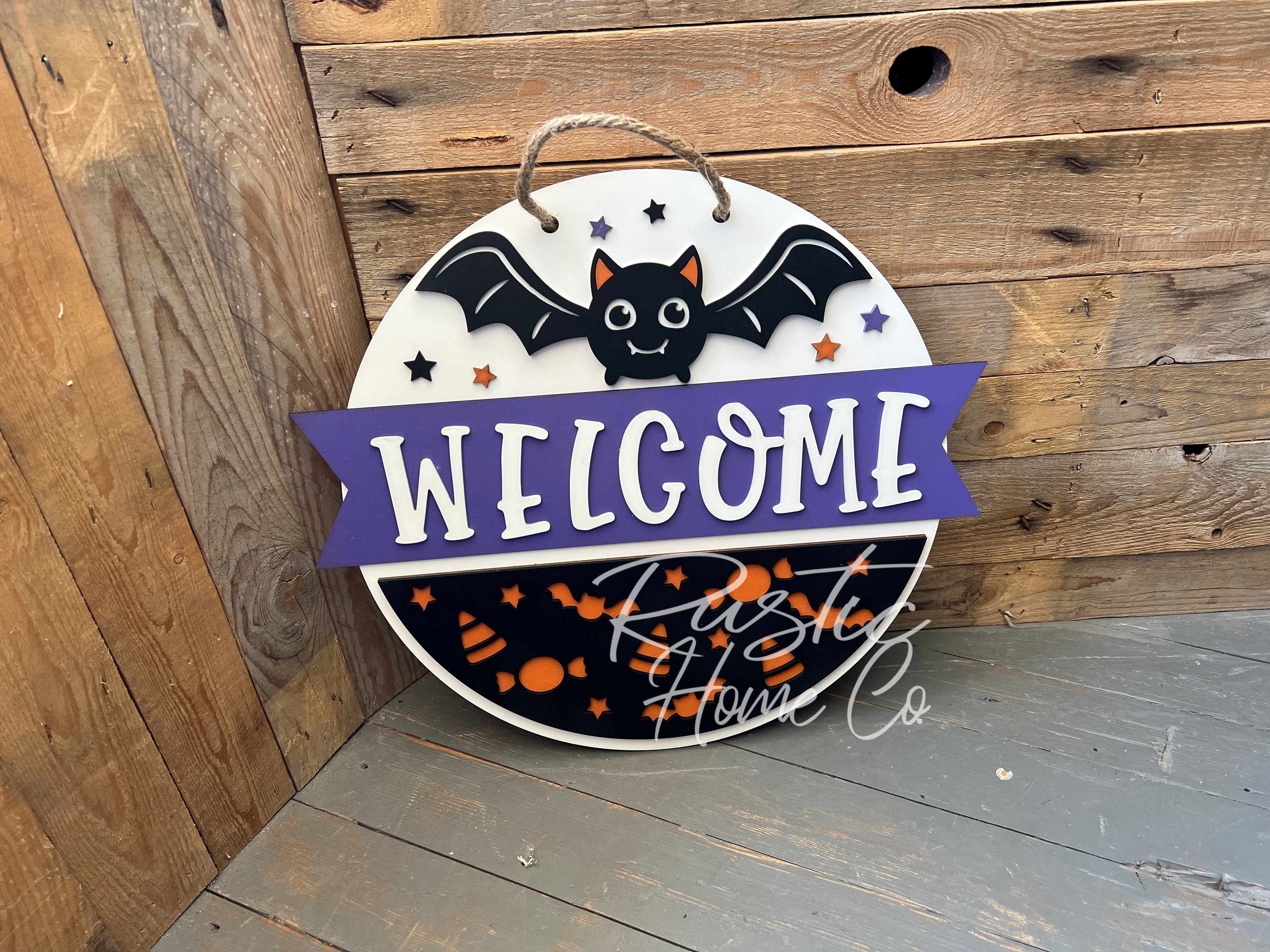 16” Bats Halloween Welcome Round Doorhanger – Rustic Home Co